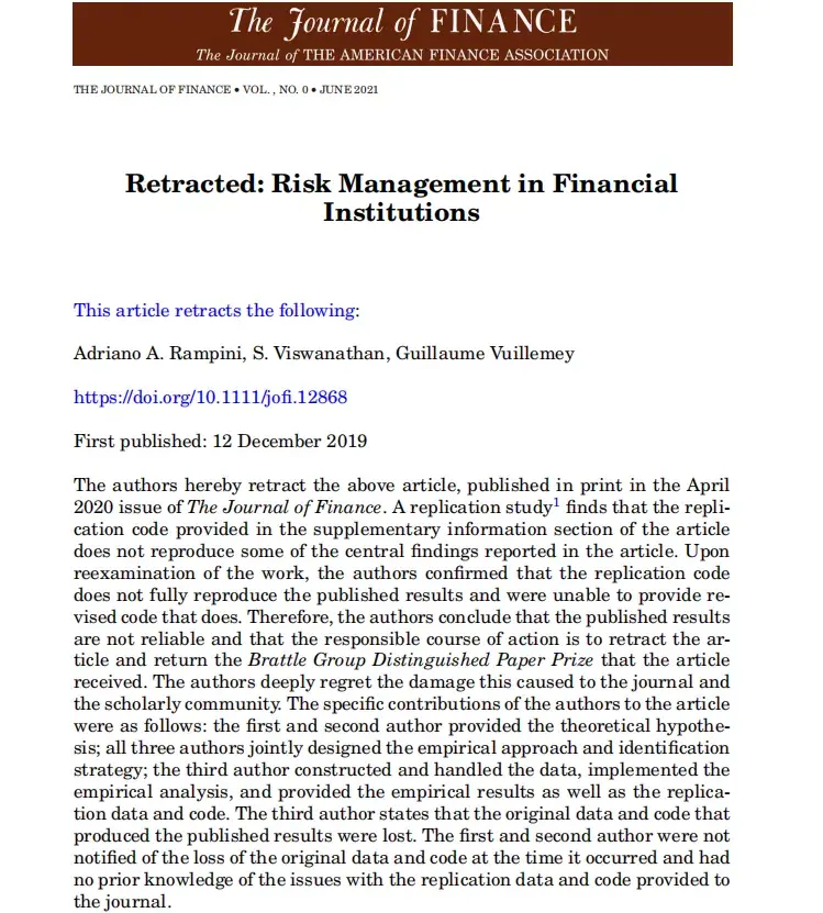 罕见!金融学顶刊《journal Of Finance》首次撤回论文!曾获杰出论文奖 知乎