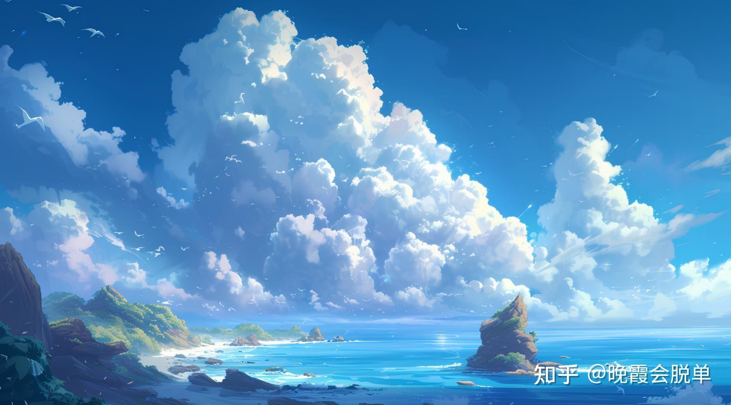 4K精美壁纸 描绘了一个蓝色多云的天空和蓝色海景，以动漫的风格 - 知乎
