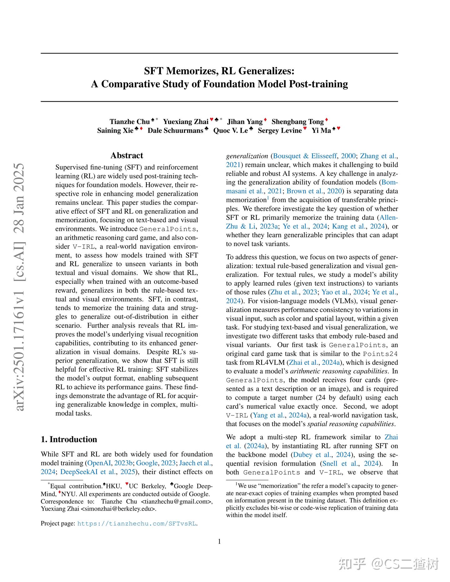 SFT 记忆，RL 泛化：大模型后训练方法的比较研究 - 知乎