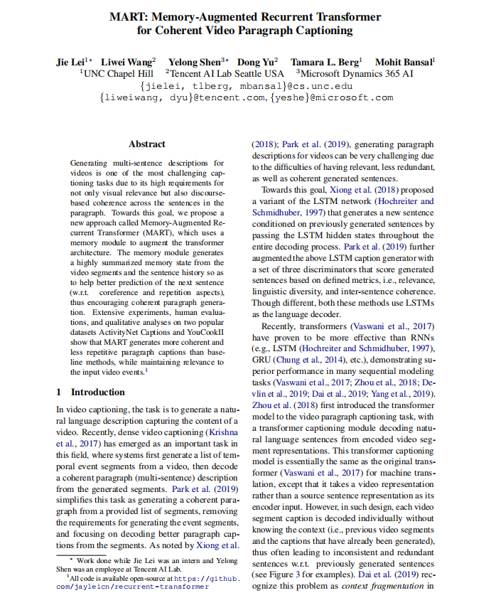MART: Memory-Augmented Recurrent Transformer for Coherent Video Paragraph Captioning - 知乎