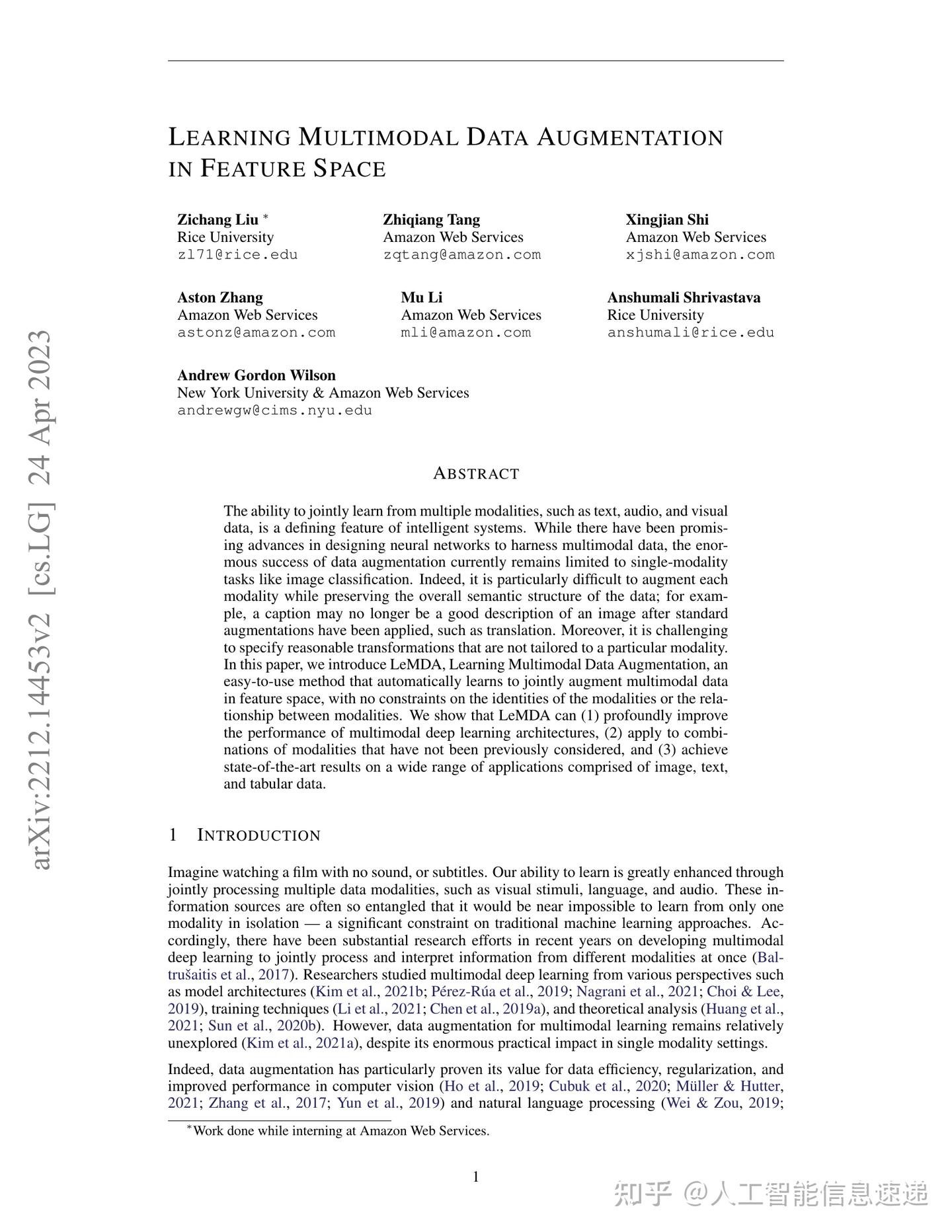 Learning Multimodal Data Augmentation in Feature Space - 知乎