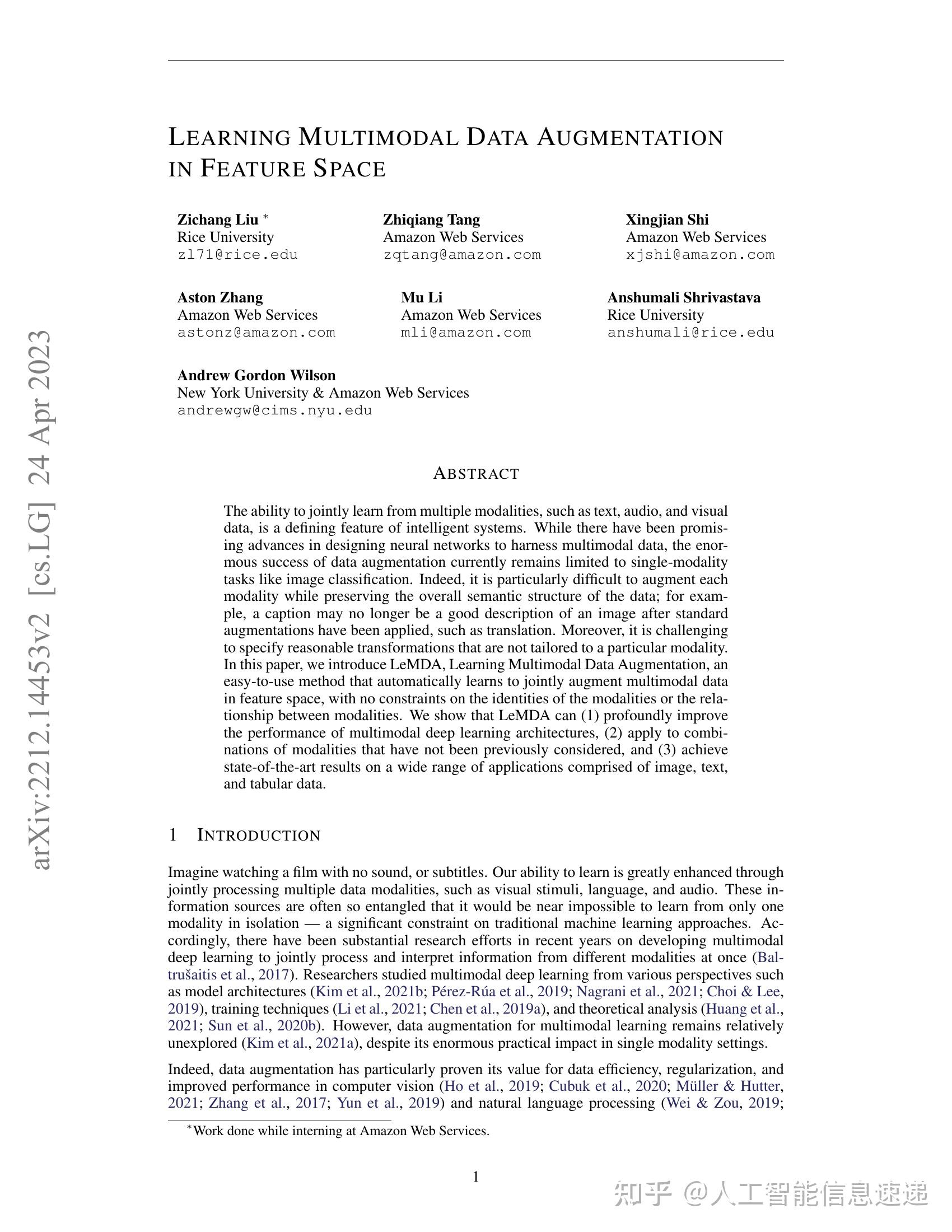 Learning Multimodal Data Augmentation in Feature Space - 知乎