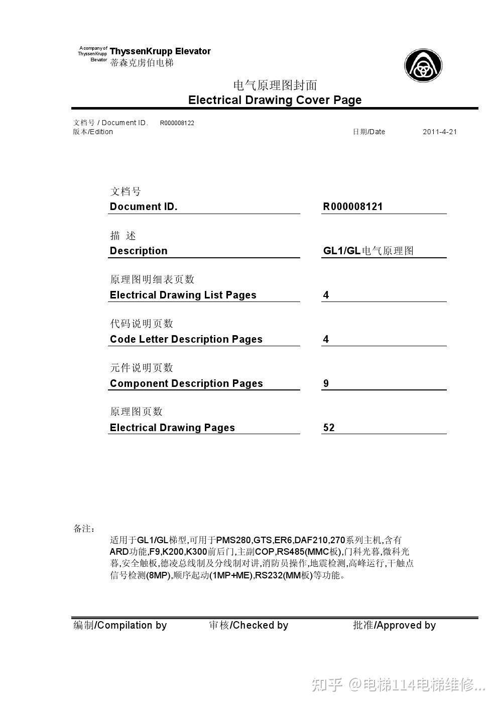 蒂森GL1电梯电气原理图 - 知乎
